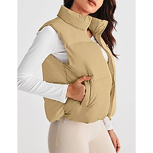 MEROKEETY Women's Quilted Puffer Vest Lightweight Stand-up Collar Soild Color Warm Outewear, Khaki, Small