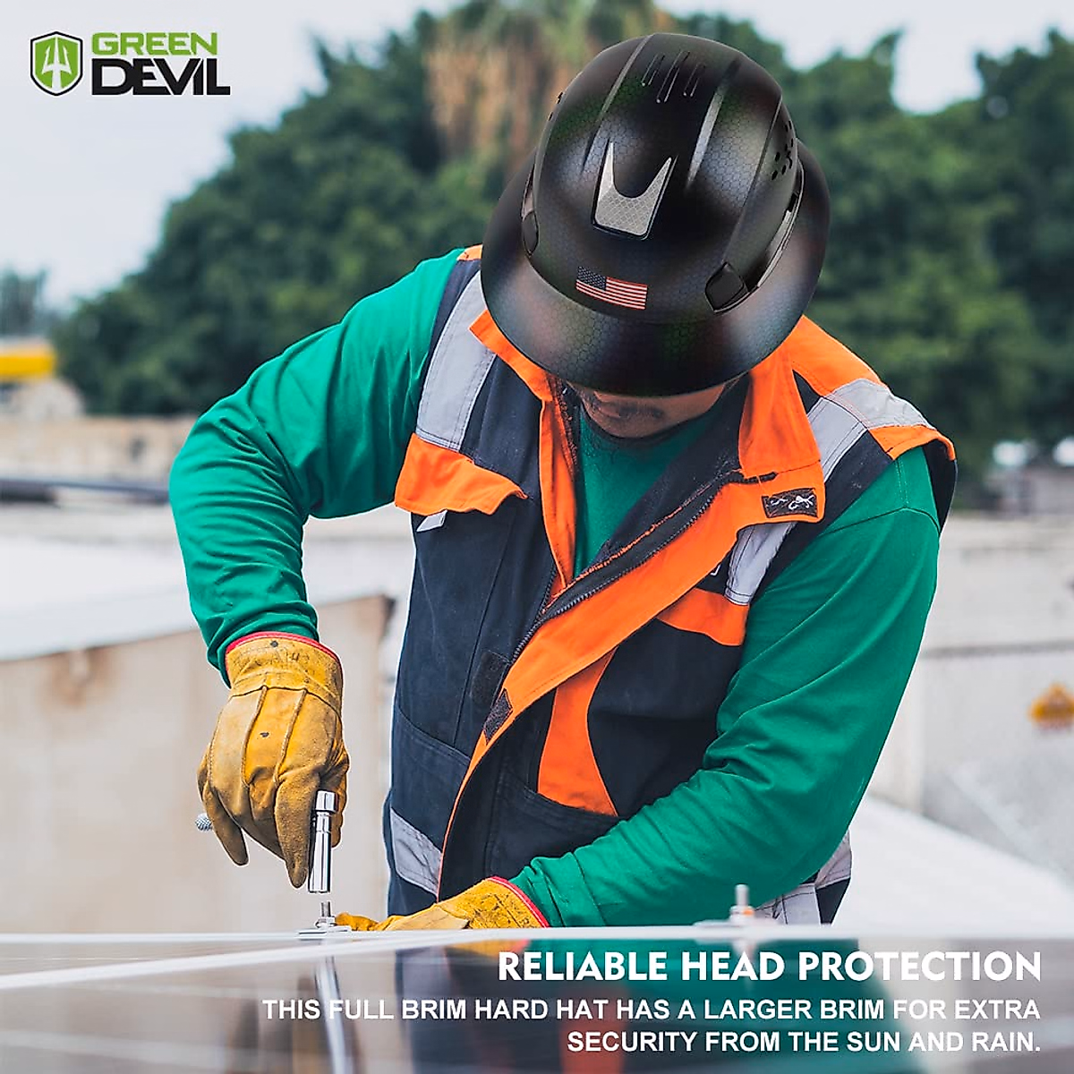 GREEN DEVIL Full Brim Hard Hat Vented Construction Safety Helmet OSHA Approved Cascos De Construccion ABS Work Hardhat for Men&Women 6 Point Adjustable Ratchet Suspension Custom Pattern Design