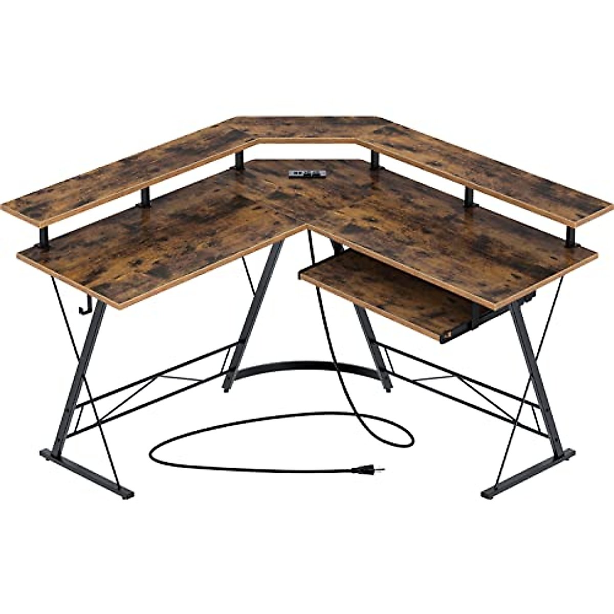 Rolanstar Computer Desk L Shaped with Power Outlet, 54” Reversible L Shaped Computer Desk with Monitor Stand and Keyboard Tray, Home Office Desk with USB Port & Hook, Rustic Brown