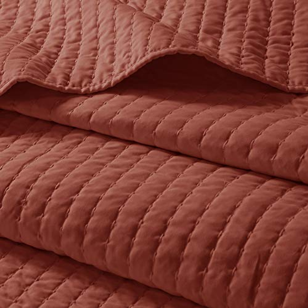 Madison Park Keaton Quilt Set-Casual Channel Stitching Design All Season, Lightweight Coverlet Bedspread Bedding, Shams, Full/Queen(90"x90"), Stripe Spice 3 Piece