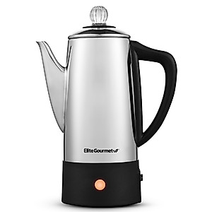 Elite Gourmet EC140 Electric 6-Cup Coffee Percolator with Keep Warm, Clear Brew Progress Knob Cool-Touch Handle Cord-less Serve, Stainless Steel