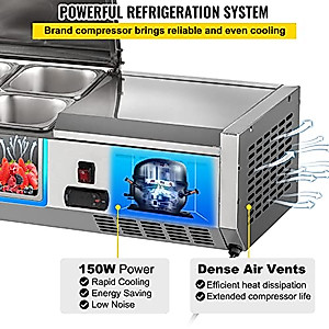 VEVOR 40Qt Sandwich Table 150W Stainless Salad Bar Refrigerated Condiment Prep Station, 60in, Silver