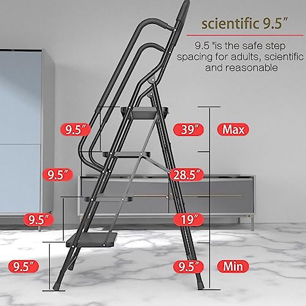 SUZHI Heavy Duty 4 Step Foldable Ladder with Handrails, Attachable Tool Bag & Anti-Slip Wide Pedal Ladders for Indoor Hanging Paintings, Cleaning High ledge&Ceiling,Fan, 300 Pound Capacity