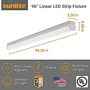 Sunlite 85484-SU 96-Inch Linear LED Strip Fixture, 75 Watts (1,000W Equivalent), 120-277 Volts, Dimmable, 9825 Lumens, UL Listed, DLC Listed, Commercial or Residential Use, 50K - Super White