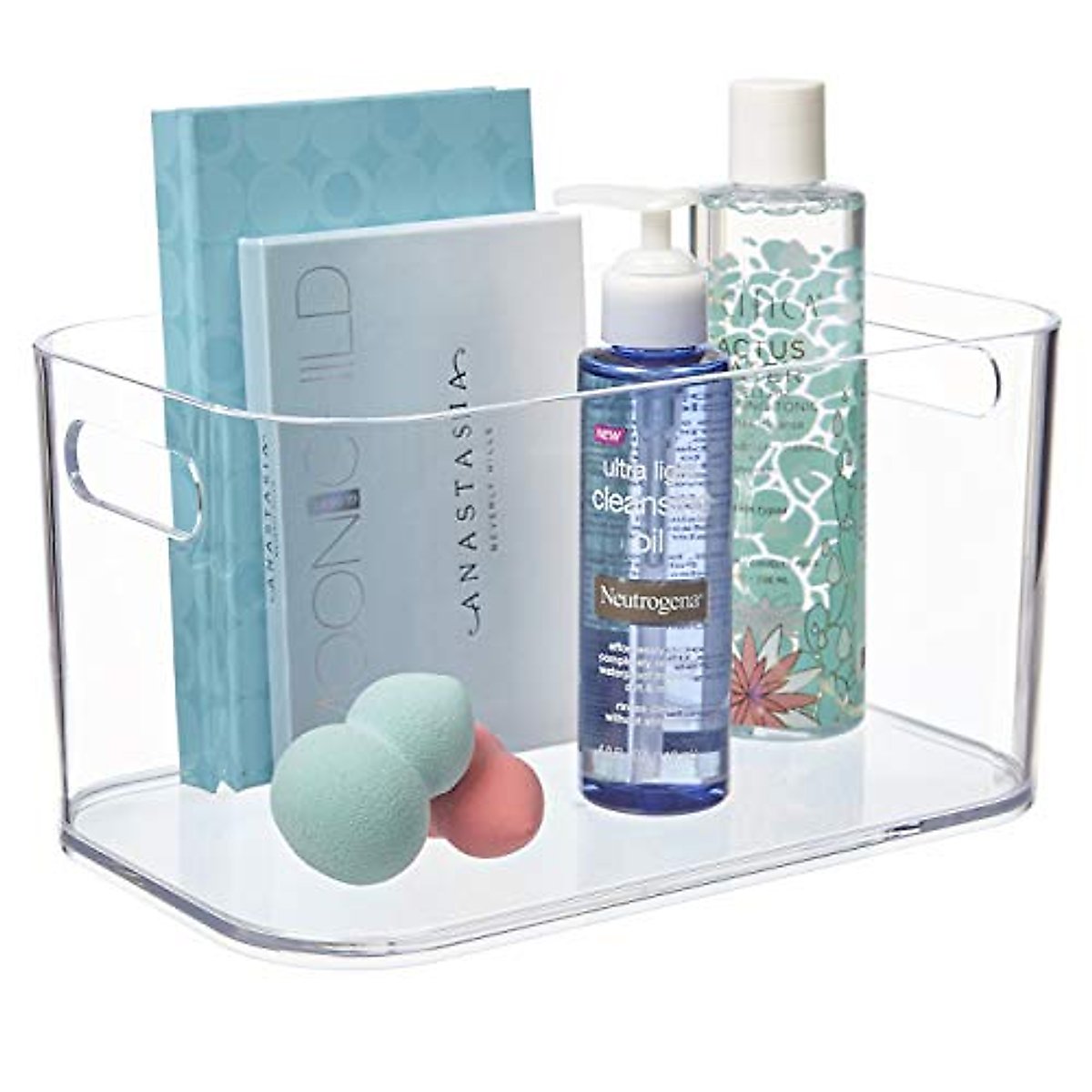 STORi Bliss 10" x 6" Open Compartment Clear Plastic Organizer | Rectangular Makeup and Vanity Storage Bin and Pantry Caddy with Pass-Through Handles | Round Corner Design | Made in USA