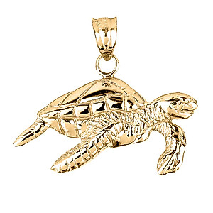 14k Solid Yellow Gold Sea Turtle Charm Pendant