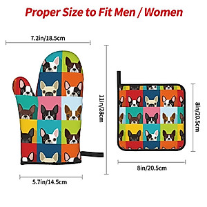 Boston Terrier Dog Oven Mitts and Pot Holders Set of 4, Oven Mittens and Potholders Heat Resistant Gloves for Kitchen Cooking Baking Grilling BBQ