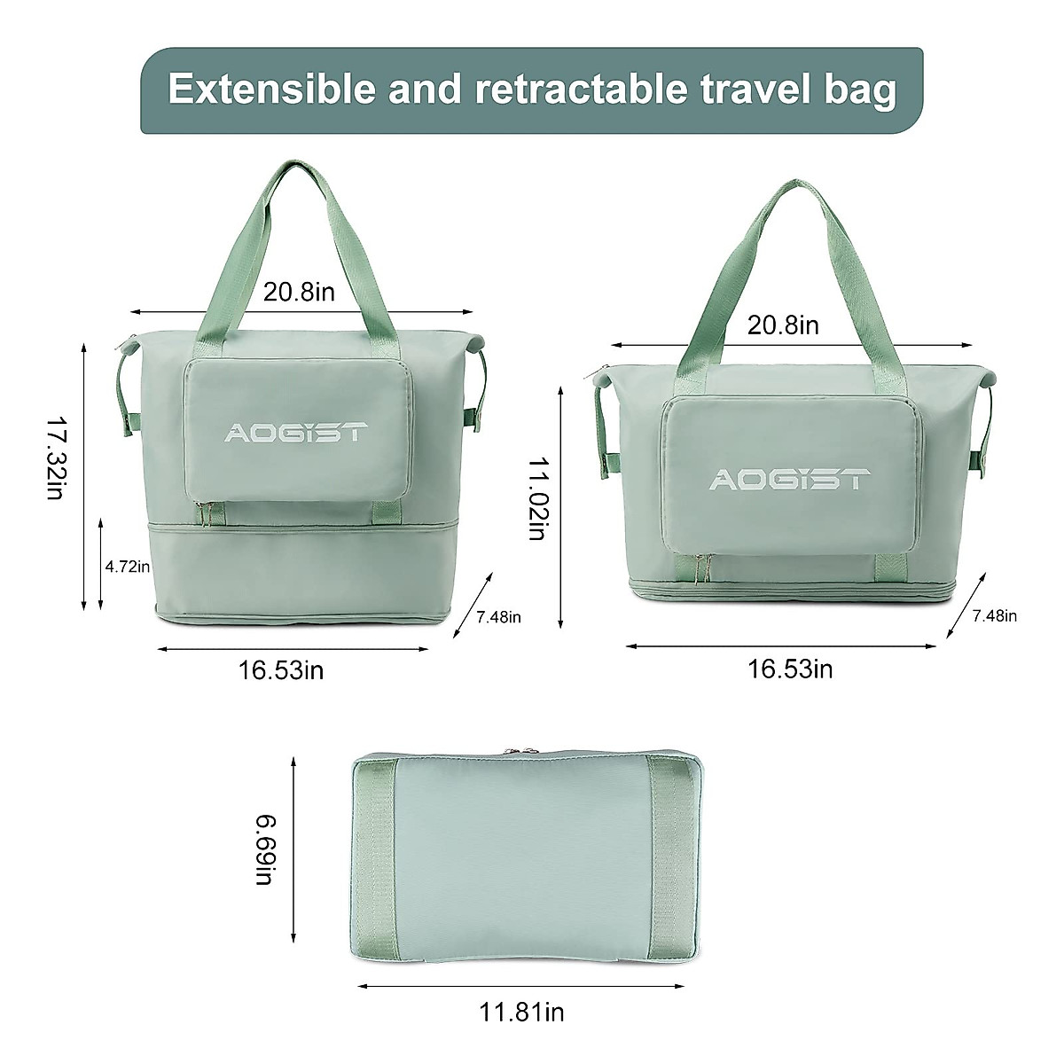 Weekender Bag for Women, Heavy Duty Travel Tote Bag Sports Gym Bag Foldable Carry On Bag Large Overnight Bag with Wet Pocket Hospital Bag for Labor and Delivery - Green