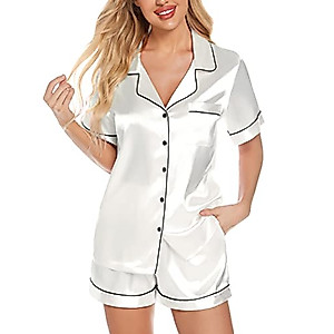 Anjue Bride Pj Sets Women's Satin Sleep Set Short Sleeve Sleepwear Soft Silk Pajama Set Bridesmaid Pjs(White,M)