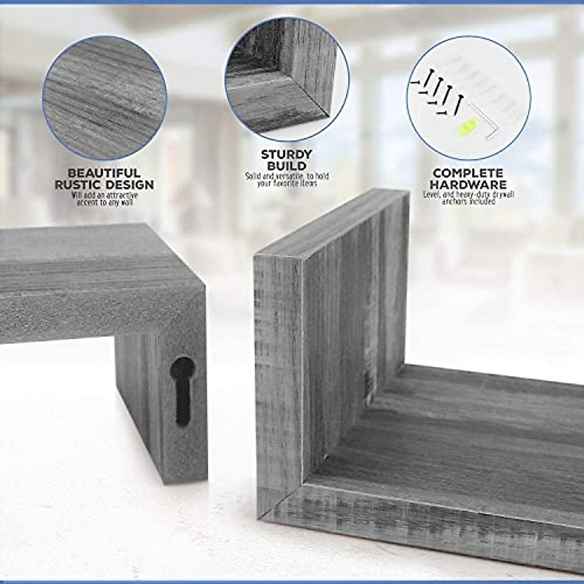 Under.Stated Floating Shelves U Shaped, Rustic MDF with PVC Wall Mounted Display Rack, Multi-Purpose Hanging Shelves Set of 3 (Rustic Grey)