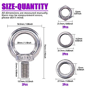 8Pcs 304 Stainless Steel M14 Male Thread Lifting Ring Eye Bolt Kit, Including 2Pcs M14 Eye Bolt with 2Pcs Lock Nuts, 2Pcs Lock Washers and 2Pcs Flat Washers