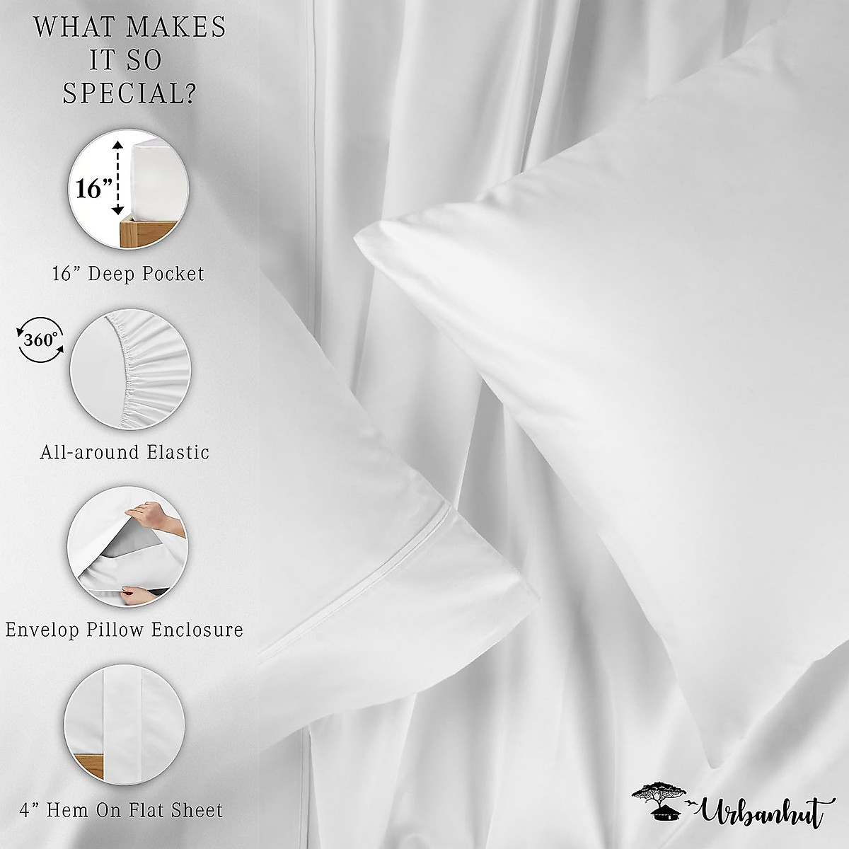 URBANHUT 800 Thread Count Egyptian Cotton Sheets King Size, Long Staple Bed Sheets, 4 Pc Bed Sheet Sets for King Size Bedding, Sateen Weave Luxury Hotel Bed Sheets Fits 16" Deep Pocket - White