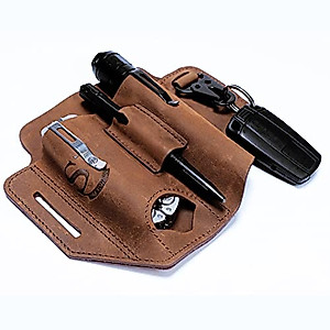 SELEWORK TH21 Multitool Belt Sheath, EDC Leather Belt Organizer, Double Stitch,Triple Strap, Belt Holder for Tactical Flashlight, Pen and Keychain Clip with Pouch, Leatherman Tool Holster Gift for Men
