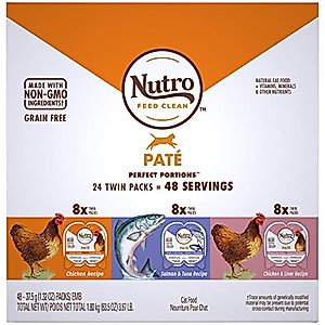 NUTRO Grain Free Natural Adult Wet Cat Food Paté, Chicken Recipe, Salmon & Tuna Recipe, and Chicken & Liver Recipe Variety Pack, 2.64 oz. PERFECT PORTIONS Twin-Pack Trays, 48 Count