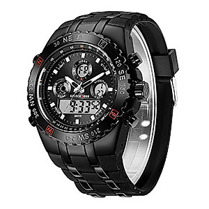 GOLDEN HOUR Huge Face Big Size Military Sports Mens Watches Waterproof, Stopwatch, Date and Date, Alarm, Luminous Digital Analog Stainless Steel Wrist Watch with Rubber Band in Black