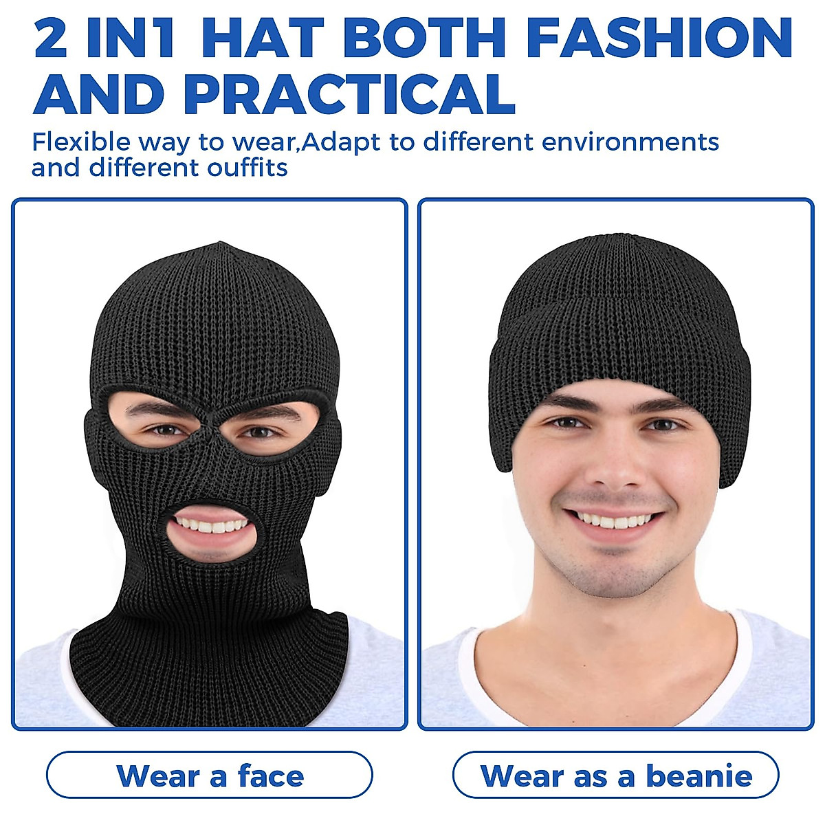 3 Hole Winter Knitted Mask, Full Face Cover Ski Scarf Mask Warm Balaclava for Adult Skiing, Motorcycle, UV Protection, Wind Protection 1234 Black