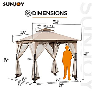 Sunjoy 9.5 ft. x 9.5 ft. Gazebo with 2-Tier Canopy Roof, Steel Frame Soft top Gazebo with Ceiling Hook and Mosquito Netting, Tan and Brown