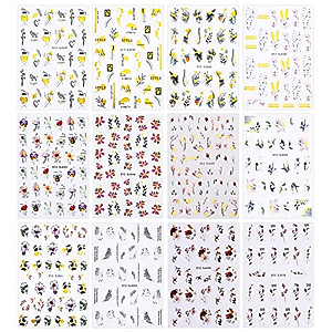 JMEOWIO 12 Sheets Spring Flower Nail Art Stickers Decals Self-Adhesive Pegatinas Uñas Leaves Pink Nail Supplies Nail Art Design Decoration Accessories
