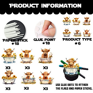 18pcs Brown Glitter Highland Cow Dessert Cupcake Topper Pick for Country Western Bull Riding Bull Rider Competition Theme Decor Supplies Baby Shower Boys Girls Birthday Party Decorations