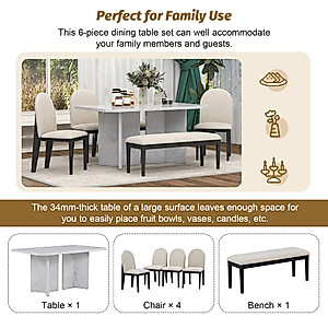 BIADNBZ Modern Style Dining Table Set for 6 with Faux Marble Tabletop and 4 Upholstered Chairs & 1 Bench, 6-Piece Family Kitchen Furniture, White