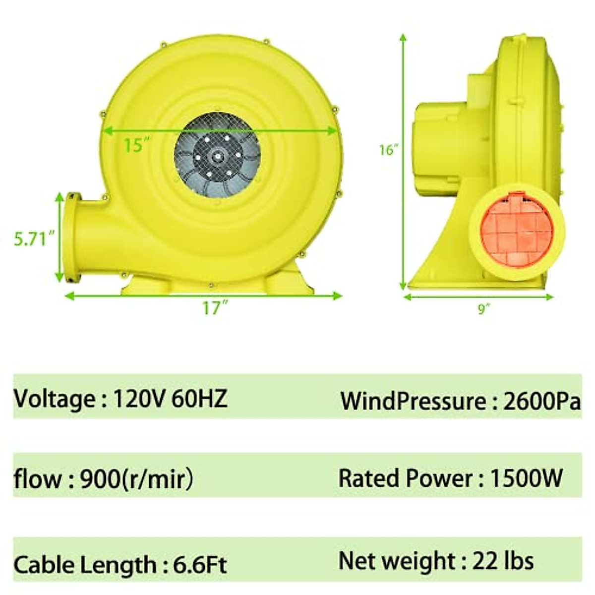 WGIA 1500w Blower for Inflatable Bounce House, Commercial Electric Pump Fan for Inflatable Water Slides & Screen Movie, Quick Blow Up, Air Blower for Inflatables（UL Certification）