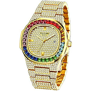 FANMIS Luxury Bling-ed Out Colorful Full Diamond Watches Gold Fashion Quartz Analog Stainless Steel Band Bracelet Wrist Watch