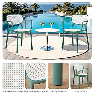 Art Leon Outdoor Dining Chairs Set of 2, Modern Plastic Patio Chairs with Rattan Back, Stackable Chairs with Armrests, Green White