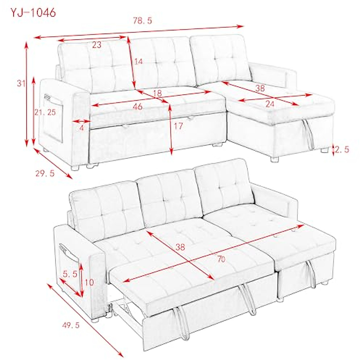 Eafurn L Shaped Sectional Sofa with Chaise Lounge and Pull Out Sofabed, Deep Seat Convertible Corner Couches with Storage Places,Comfy Upholstered Sofa&Couches for Living Room Furniture Sets