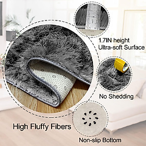TENNOLA 2x6 Feet Black Rugs for Bedroom Fluffy Runner Area Rug for Living Room Gray Bedroom Rug Soft Fuzzy Shaggy Carpet for Kids Room Dorm Nursery with Non-Slip Bottom