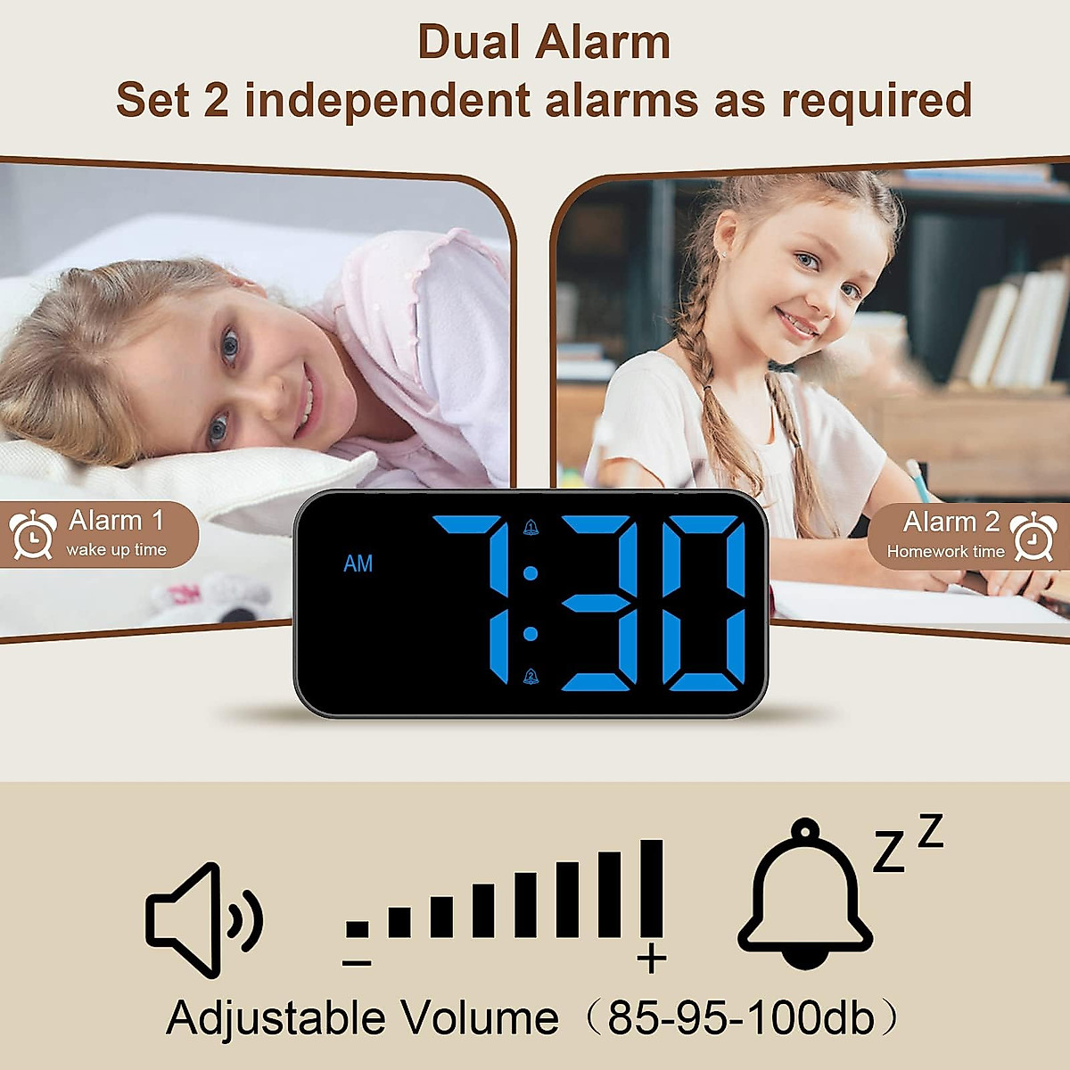 Topski Loud Alarm Clocks for Bedrooms Heavy Sleepers, Digital Clock with Night Light, Large Display, Dual Alarm, Snooze, Dimmable Bedside Alarm Clock for Kids Teens Boys Girls