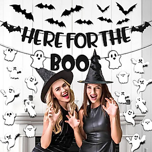 35 PCS Here for The Boos Decorations Halloween Banner Ghost Bat Wall Decor Haunted House Pumpkin Happy Boo Day Theme for Boy Girl Kid Halloween Festival Holiday Party Decoration Black Glitter Supplies