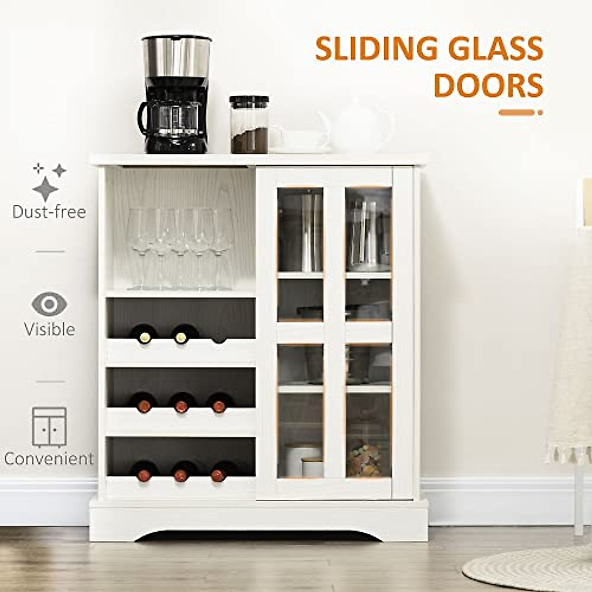 HOMCOM Coffee Bar Cabinet, 36" Sideboard Buffet Cabinet with Sliding Door, Wine Cabinet with Storage, White