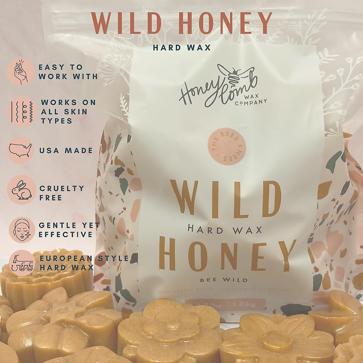 Honeycomb's Professional Hard Wax 2.2 LBS, Pre/Post Cleaner & Post Oil, All-Purpose, No Strips Needed, Solid Wax For Hair Removal, Easy Removal, Peel-Off Wax (Wild Honey), Pink