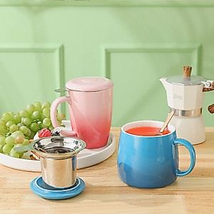 Henten Home Ceramics Tea Cup with Loose Leaf Infuser, Spoon and Lid, 15oz, Large Tea infuser Mug for Tea, Coffee, Milk-Microwave and Dishwasher Safe(15oz,Navy Blue)