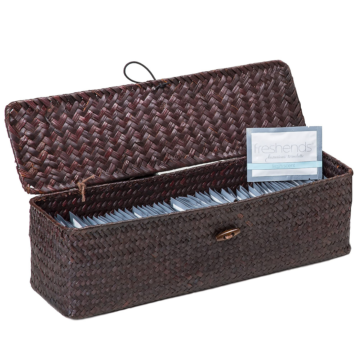 Freshends Powder Room Basket with Lid plus 80 Personal Wipes — Storage for Wipes and Household Items, Bathroom Counter Organizer, Wicker Baskets for Organizing - (Mahogany, Gray)