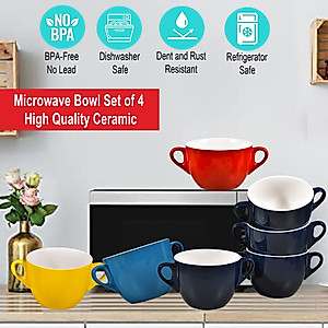 Multicolor 4 Pack Soup Bowl with Double Handles, Ceramic Cereal Bowl Set for Modern Kitchen, Large Mugs, Color Glazed Serving Crocks, Versatile for Daily Use