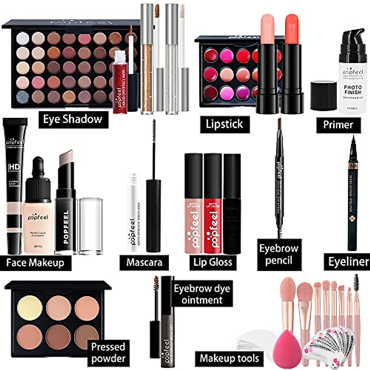 beginner Makeup Kit For Women Full kit, Makeup Set For Teen Girls Eyeshadow Lip gloss Lipstick Make up Brushes Eyebrow Eyeliner Pen Liquid Concealer Foundation Primer Puff Eye shadow Shields Eye Brow Stencil