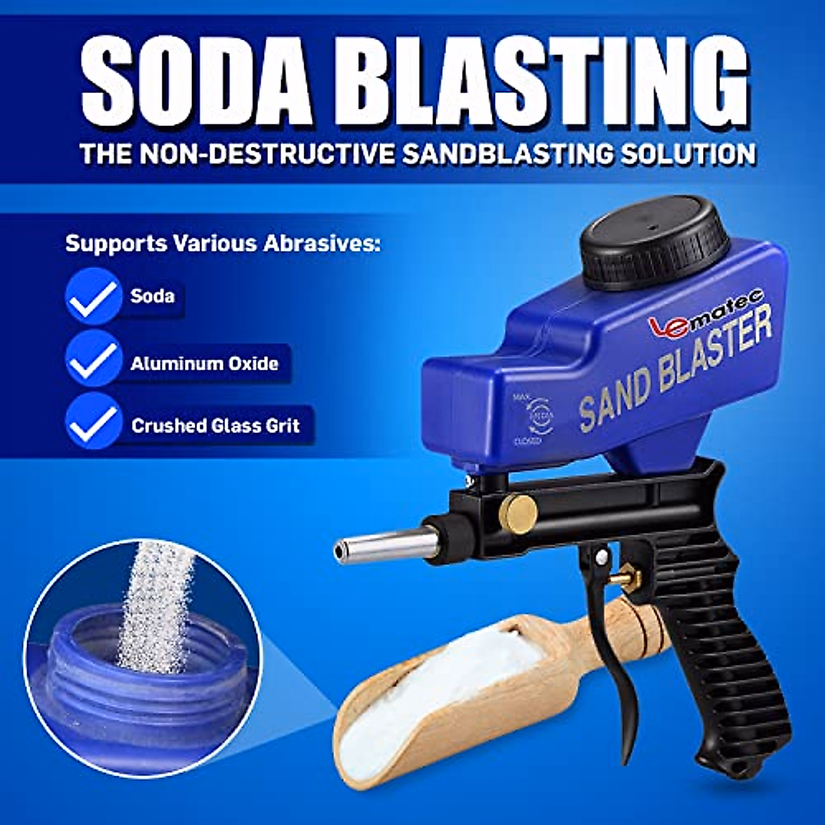 LE LEMATEC Sand Blaster Gun Kit for Air Compressor, Paint/Rust Remover for Metal, Wood & Glass Etching, Up to 150 PSI Blasting Media for Aluminum, Sand, Walnut Shells & Soda Blaster Jobs, Blue