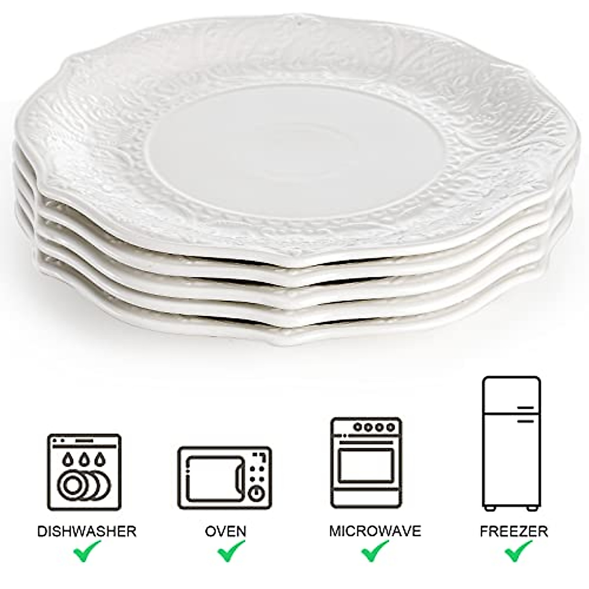 SOUJOY Set of 6 Porcelain Dinner Plate, 10.5'' White Dinner Dish, Embossed Printing Dinnerware Plate for Dinner, Restaurant, Family Party and Kitchen, Microwave, Dishwasher Safe