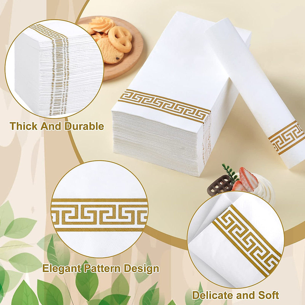 250 Pcs Paper Napkins Disposable, 3-Ply Guest Paper Hand Towels for Bathroom, Soft and Absorbent Christmas Dinner Napkins Thansgiving Party White and Gold Napkins for Kitchen, Weddings or Events