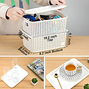 AREYZIN Plastic Storage Baskets With Lid Organizing Container Lidded Knit Storage Organizer Bins for Shelves Drawers Desktop Closet Playroom Classroom Office, White, 6 Pack