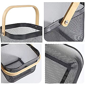 HOJKMA Mesh Steel Storage Organizer Basket, Multi-Functional Metal Wire Hanging Kitchen Baskets Fruit Basket with Bamboo Handle Ideal for Kitchen, Bathroom, Pantry, Cabinet Home, Shopping, Grey