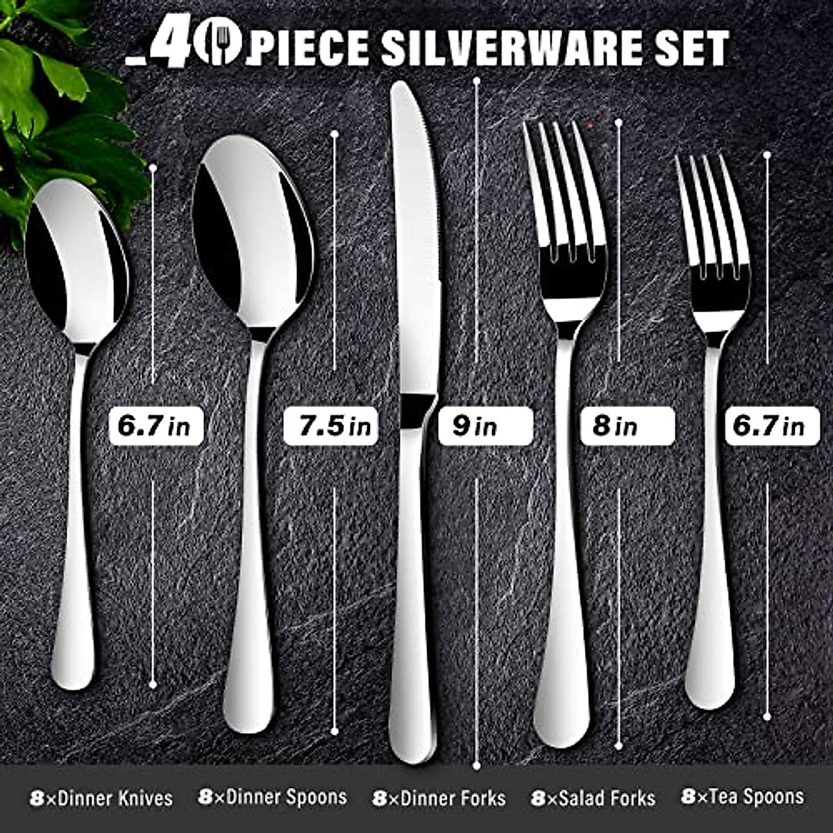 40 Piece Silverware Set, Premium Silverware Cutlery Set Stainless Steel Flatware Sets Service for 8, Spoons Forks Knifes Utensils Tableware Sets for Home, Dishwasher Safe