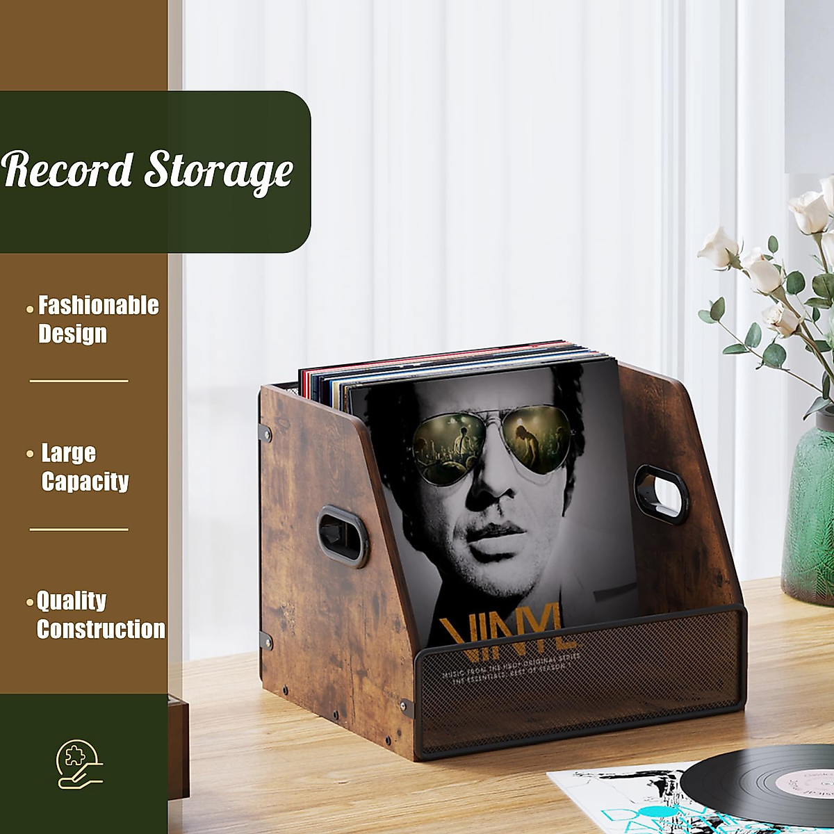 VonDream Vinyl Record Storage, Vinyl Record Box Case Crate, Vinyl Record Album Holder, Desktop Metal & Wooden LP Record Crate, Holds up to 60 Records