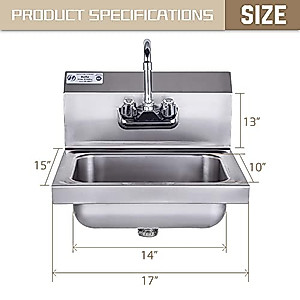 HALLY Stainless Steel Sink for Washing with Faucet, NSF Commercial Wall Mount Hand Basin for Restaurant, Kitchen and Home, 17 x 15 Inches