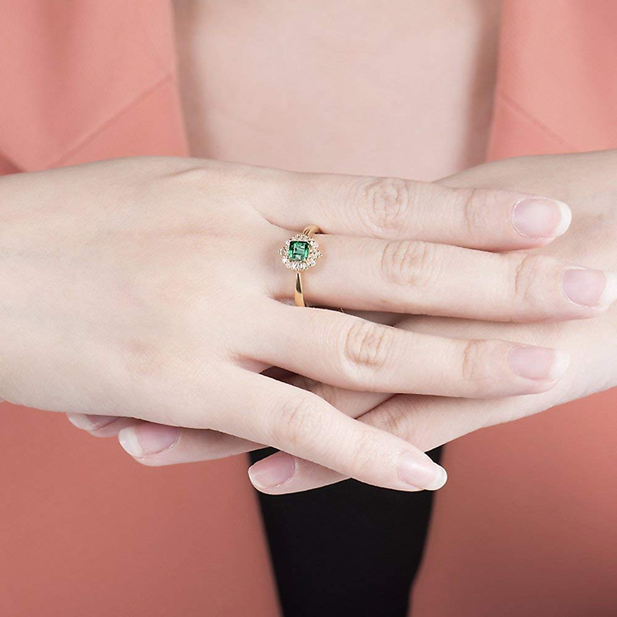 Lanmi 14K Yellow Gold Natural Emerald Diamonds Ring for Women Promise Engagement Wedding Anniversary Promotion