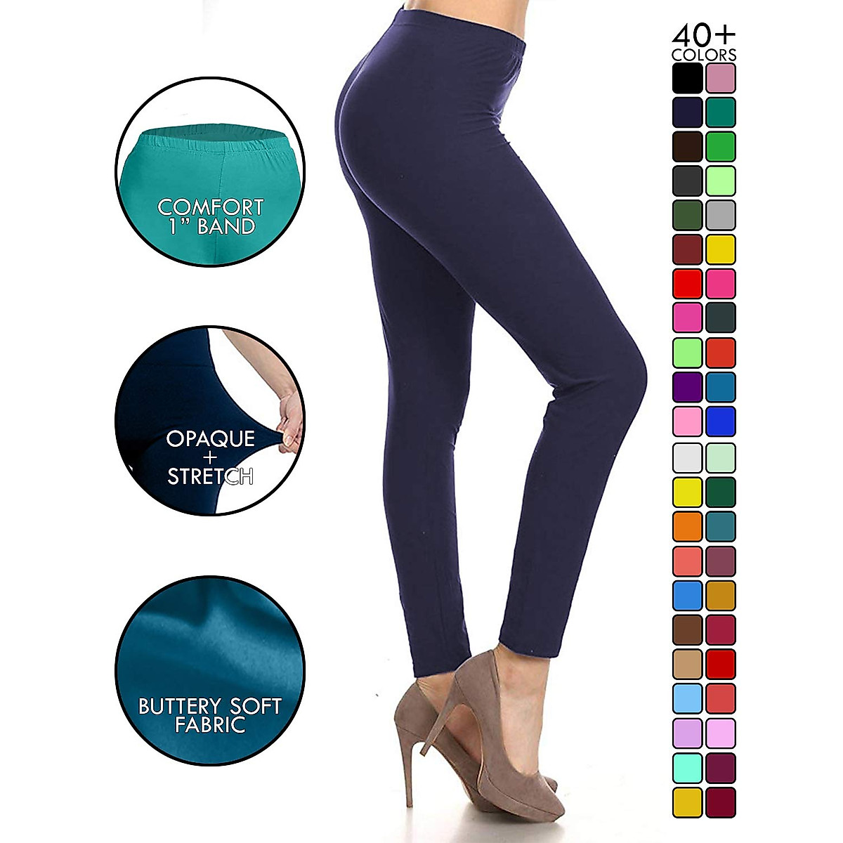 Leggings Depot Womens 1" Waistband High Waisted Solid Leggings Pants (Full Length, Navy, One Size Plus)
