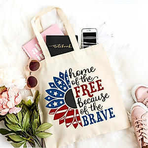 TSIIUO Women's American Flag Sunflower Retro Canvas Tote Bag Funny 4th of July Patriotic Reusable Aesthetic Shopping Bag White