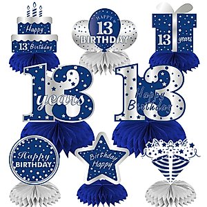 Kauayurk 8Pcs 13th Birthday Decorations Table Centerpiece Party Supplies for Boy, Blue Silver Happy 13 Year Old Birthday Honeycomb Centerpieces Decor, Thirteen Birthday Table Topper