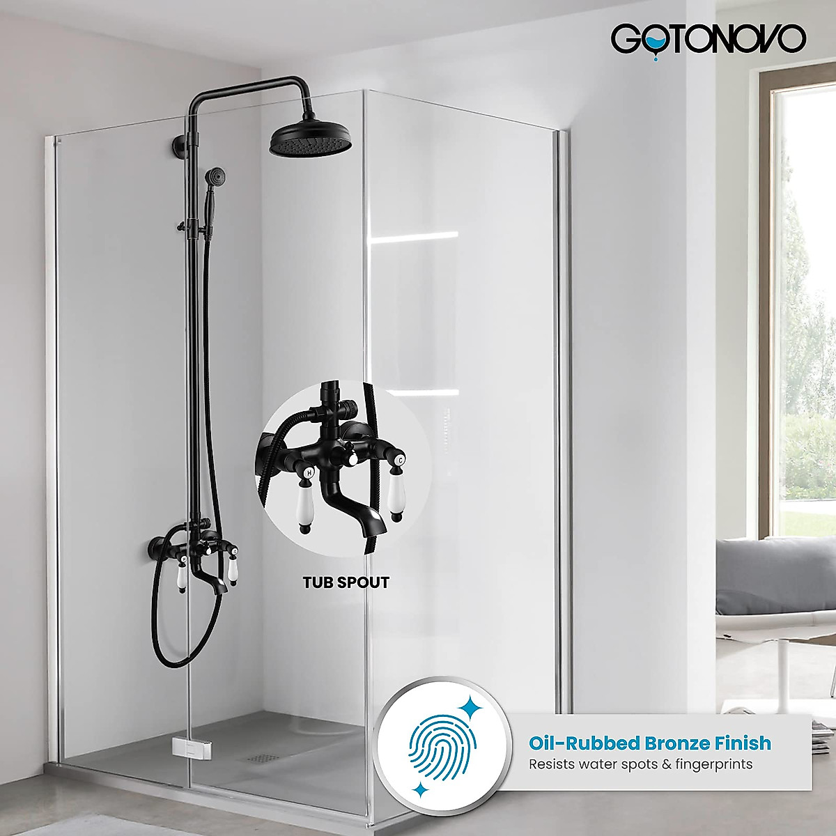 Oil Rubbed Bronze 8’’ Shower Faucet 2 Lever Handle Bathtub Spout 3 Function Bathroom Wall Mount Kitchen Faucet 8’’ Center 9’’ Spout Reach 2 Cross Handle Victorian Kitchen Sink Faucets